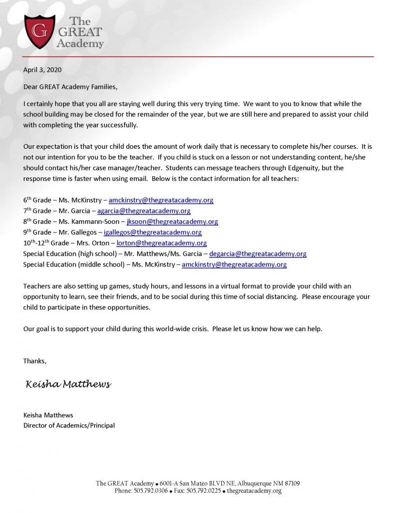 COVID-19 Parent Letter » The Great Academy