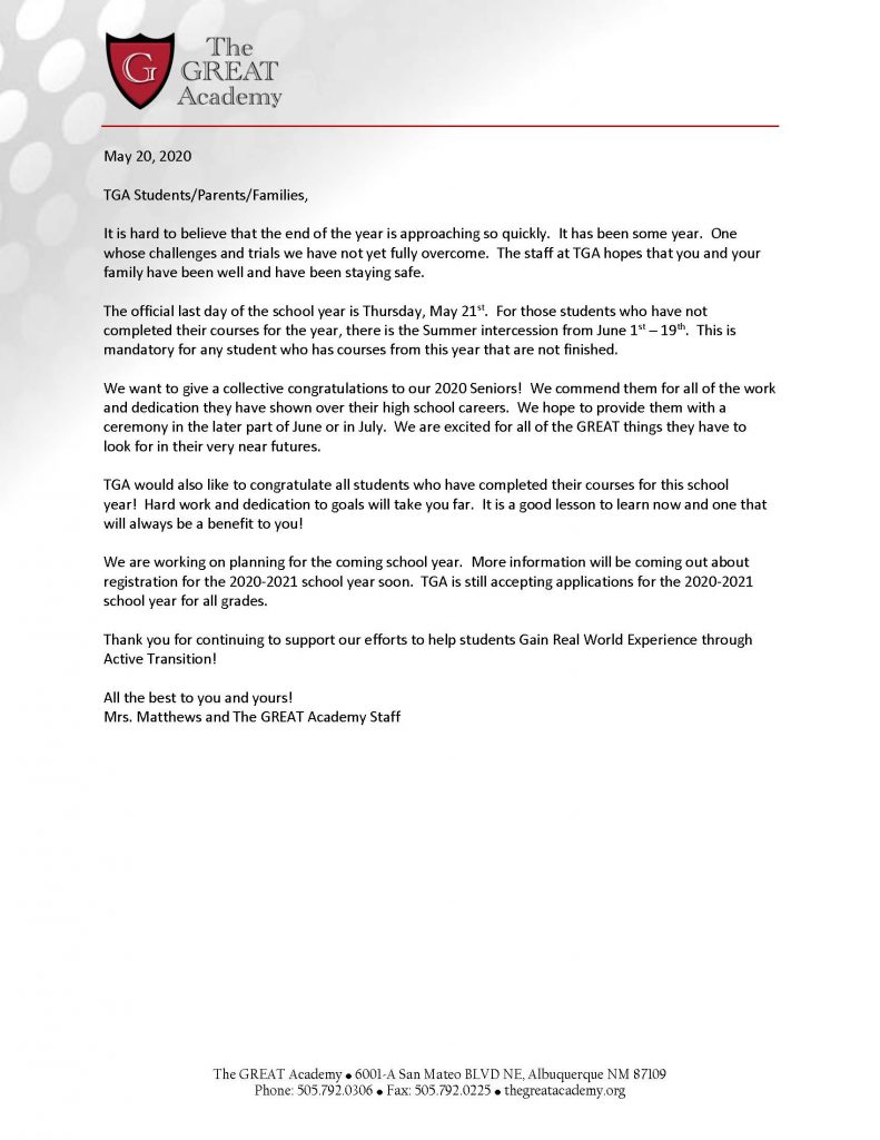 End of Year Letter » The Great Academy
