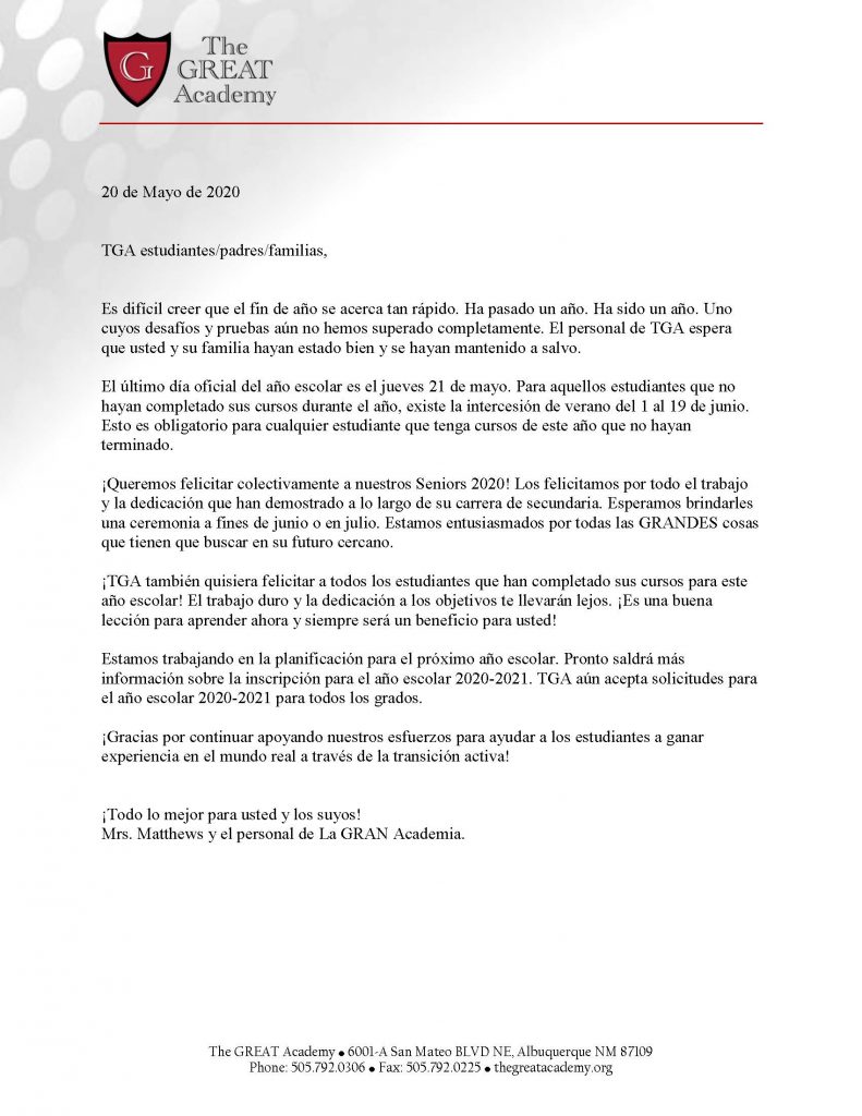 End of Year Letter » The Great Academy
